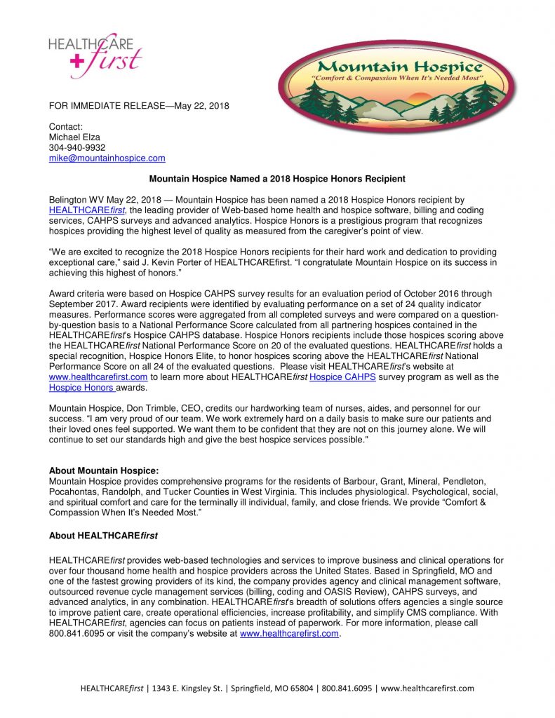 Healthcare First Hospice Honors Press Release-1 | Mountain Hospice